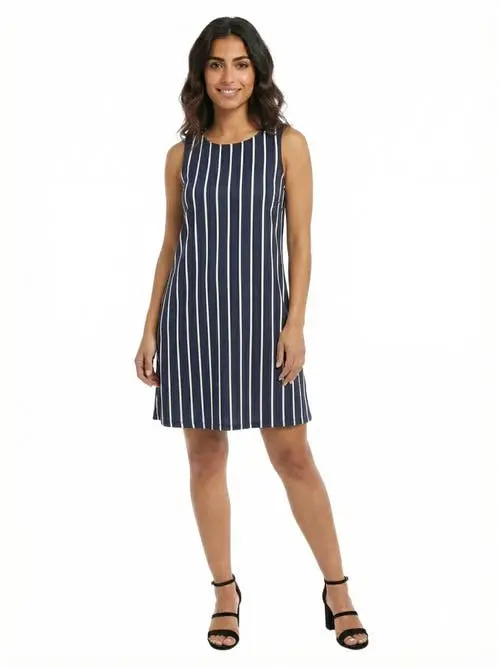 24SEVEN COMFORT APPAREL Essential Petite Striped A-line Mini Shift Dress - Navy Multi
