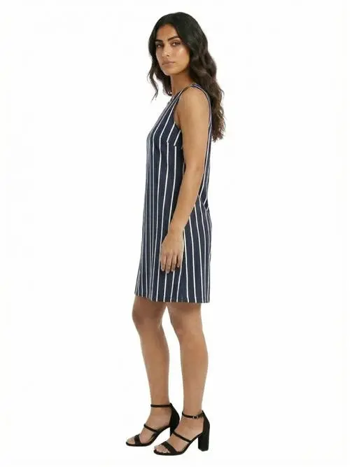 24SEVEN COMFORT APPAREL Essential Petite Striped A-line Mini Shift Dress - Navy Multi