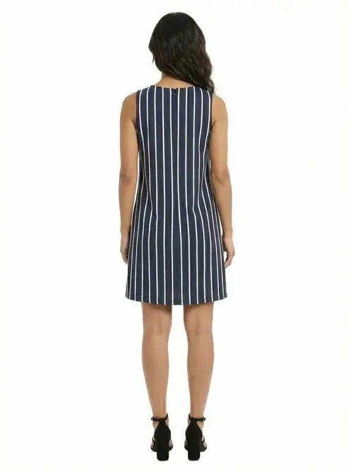 24SEVEN COMFORT APPAREL Essential Petite Striped A-line Mini Shift Dress - Navy Multi