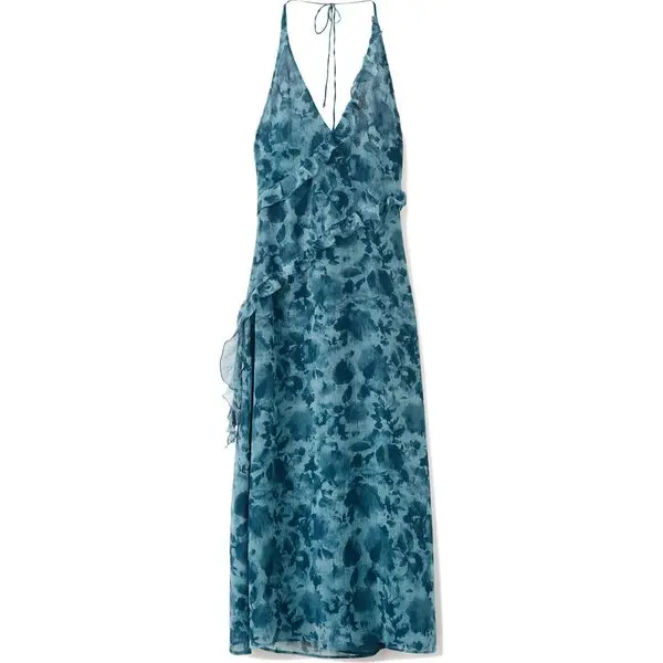 Mango Ruffle Print Halter Maxi Dress