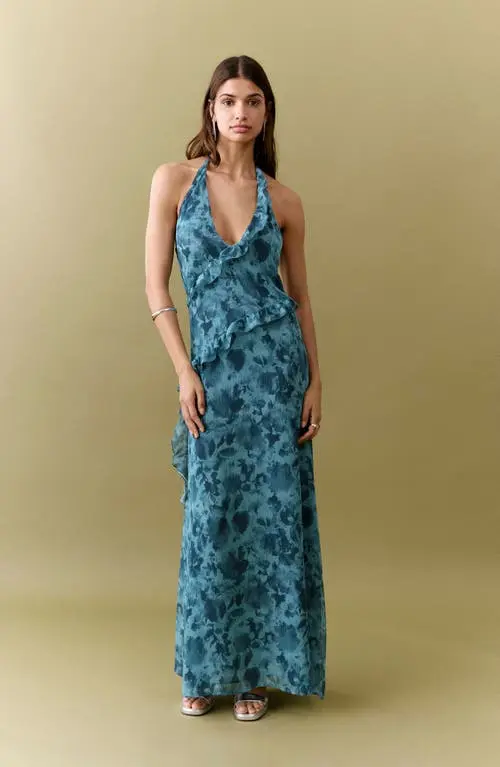 Mango Ruffle Print Halter Maxi Dress