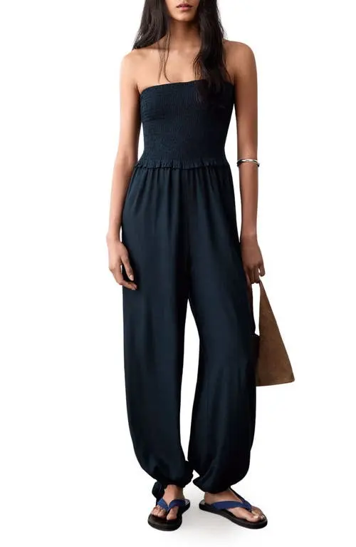 Mango Smocked Strapless Jumpsuit - Navy