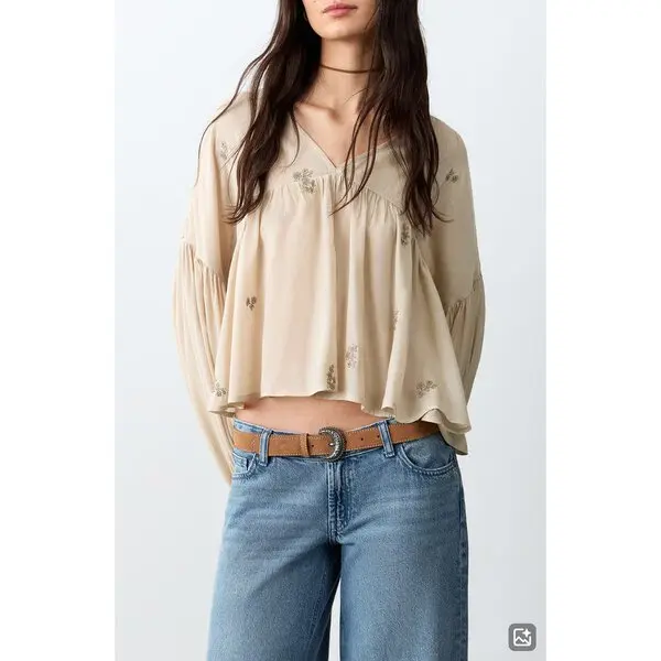 Mango Embroidered Peplum Blouse - Beige