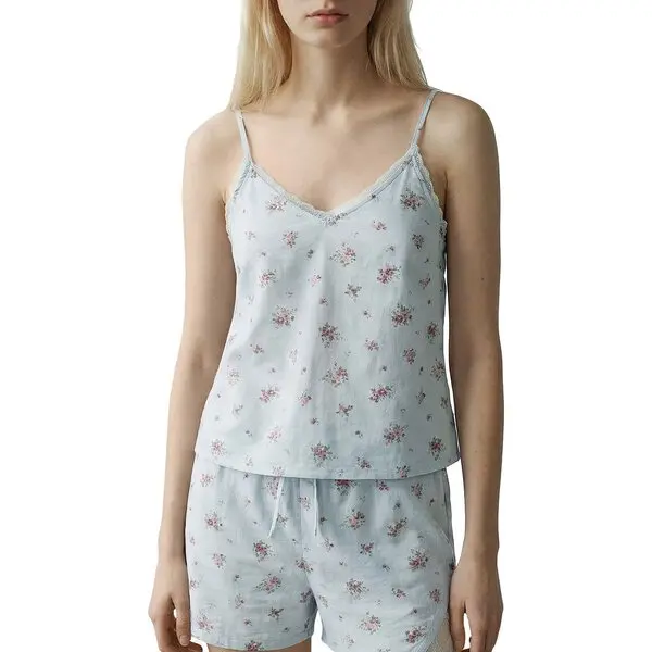 Mango Floral Lace Trim Cotton Short Pajamas - Sky Blue