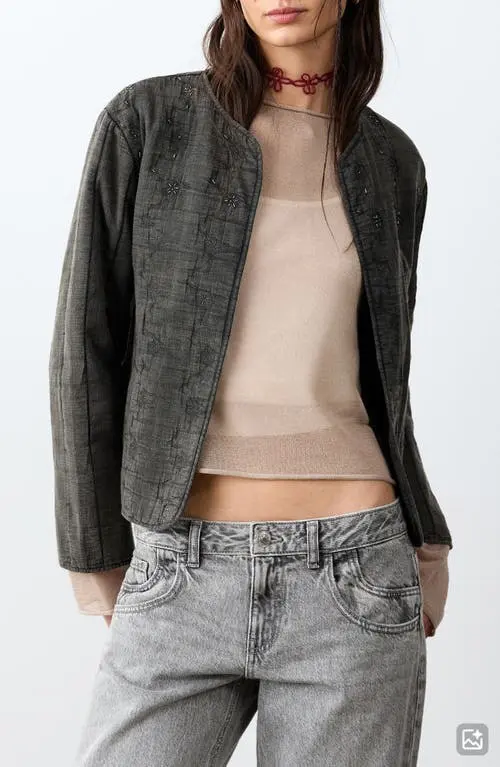 Mango Floral Embroidered Jacket - Charcoal