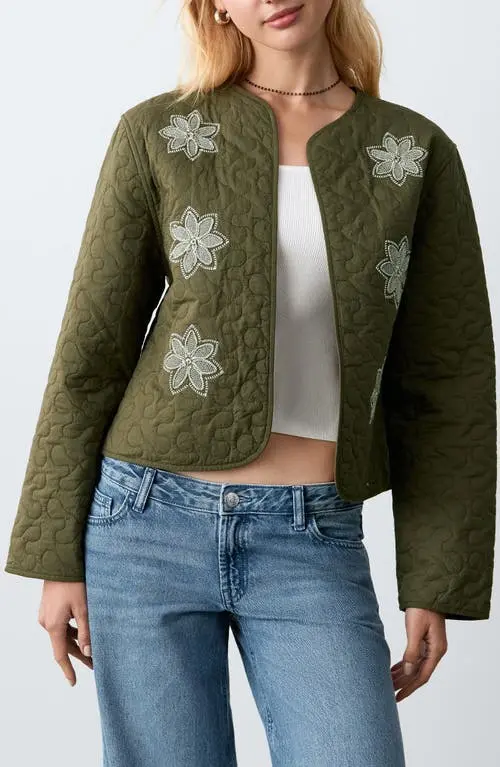 Mango Embroidered Quilted Jacket - Khaki Green