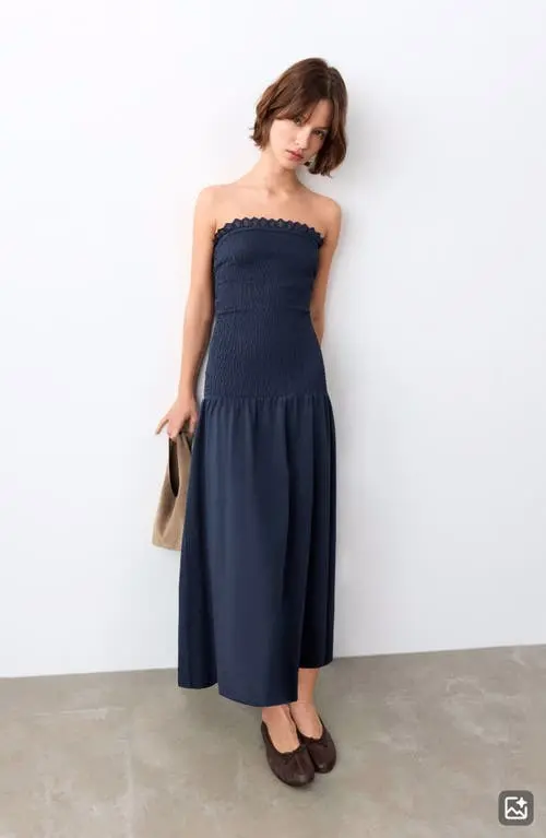 Mango Smocked Strapless Maxi Dress