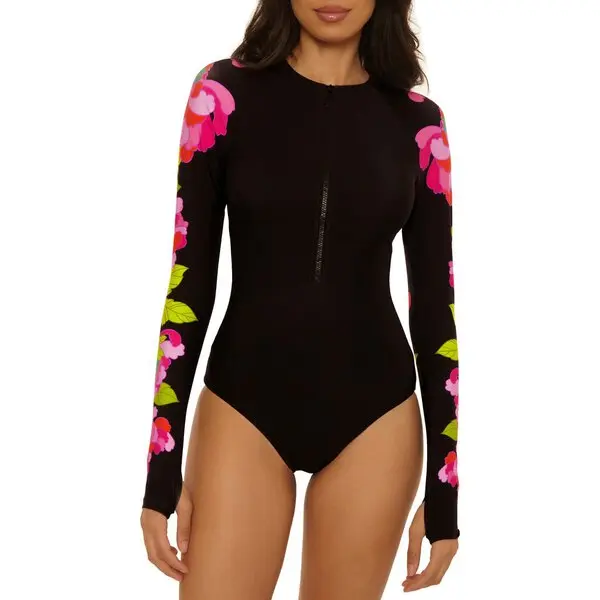Trina Turk Bougainvillea Long Sleeve Upf 20+ One-piece Rashguard Swimsuit - Multi