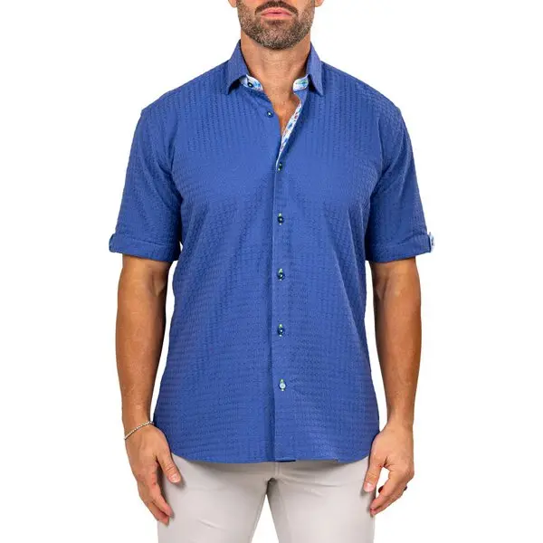 MACEOO Galileo Marthy Short Sleeve Cotton Button-up Shirt - Blue