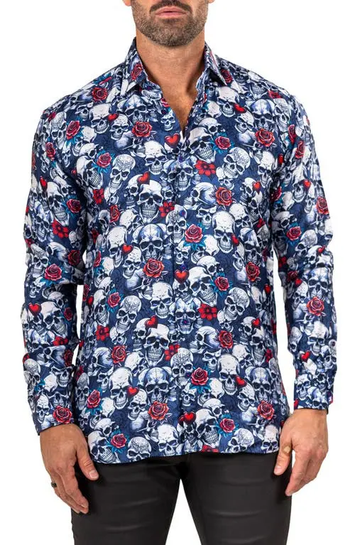 MACEOO Fibonacci Mathyr0242 Skull Print Button-up Shirt - Blue