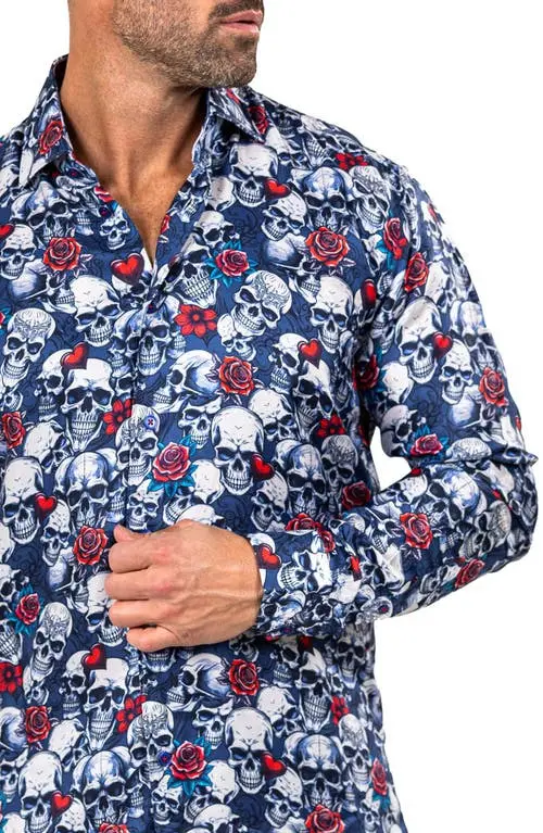 MACEOO Fibonacci Mathyr0242 Skull Print Button-up Shirt - Blue