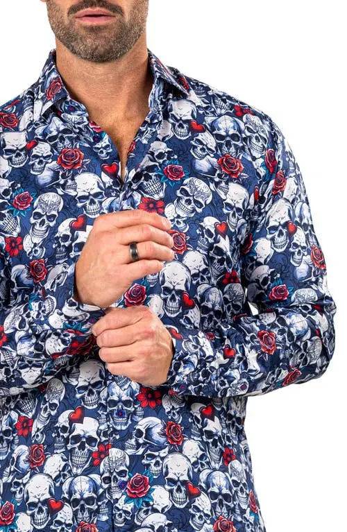 MACEOO Fibonacci Mathyr0242 Skull Print Button-up Shirt - Blue