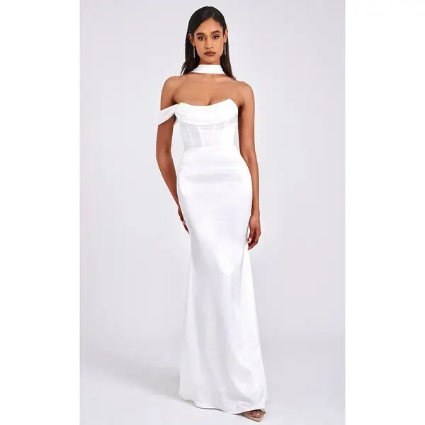 MISS CIRCLE Ivona Halter Neck Satin Maxi Floor-length Gown - White