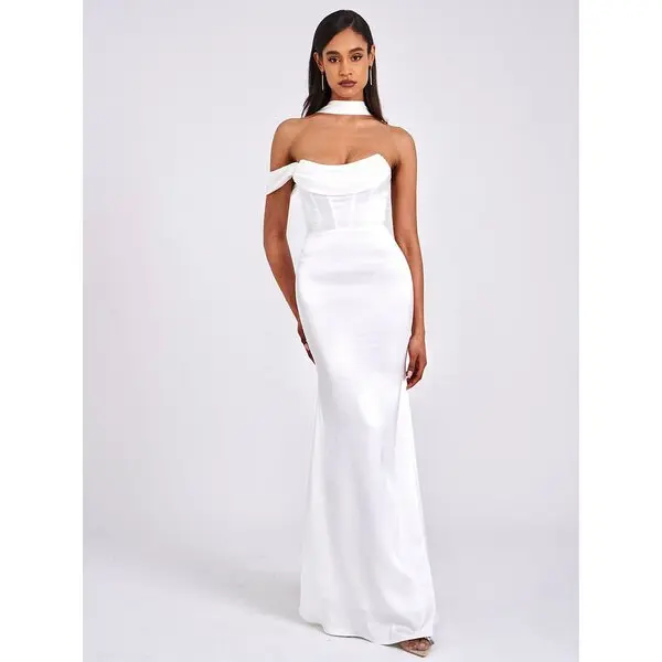 MISS CIRCLE NEW YORK Ivona Halter Neck Double Duchess Satin Gown - White