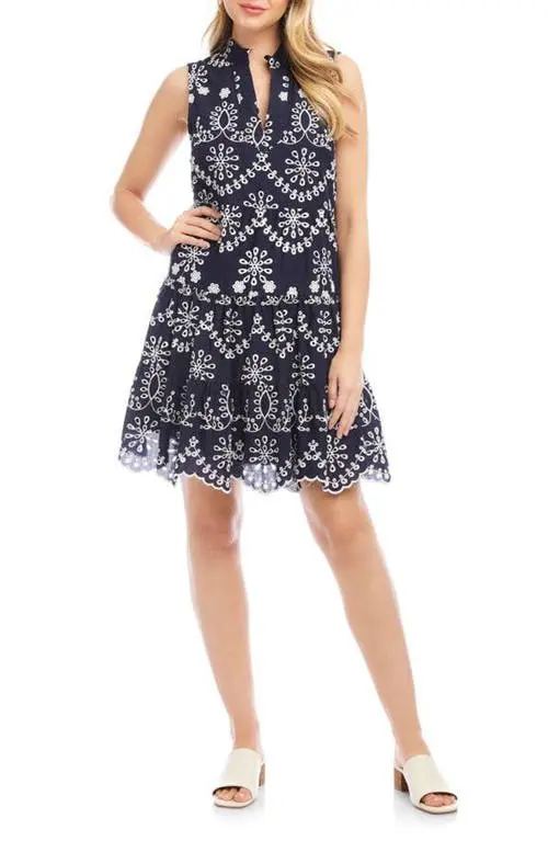 Karen Kane Eyelet Embroidered Sleeveless Tiered Cotton Dress - Navy