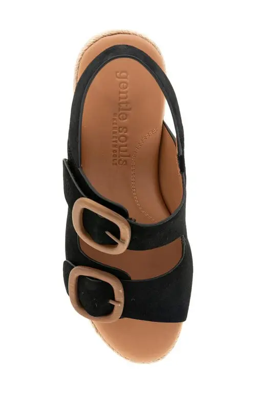 Gentle Souls Greca Espadrille Slingback Platform Wedge Sandal - Black Suede