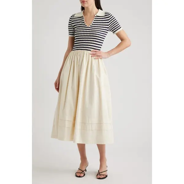 ZOE AND CLAIRE Hybrid Stripe Pointelle Rib & Woven Dress
