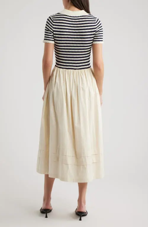 ZOE AND CLAIRE Hybrid Stripe Pointelle Rib & Woven Dress