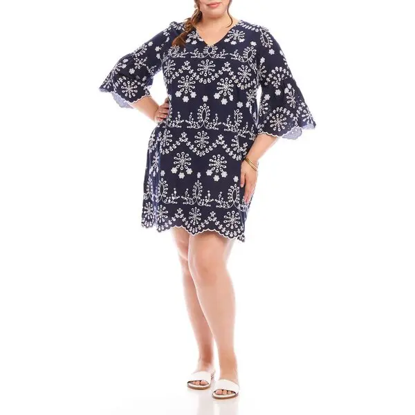 Karen Kane Embroidered Flare Sleeve Cotton Dress - Navy