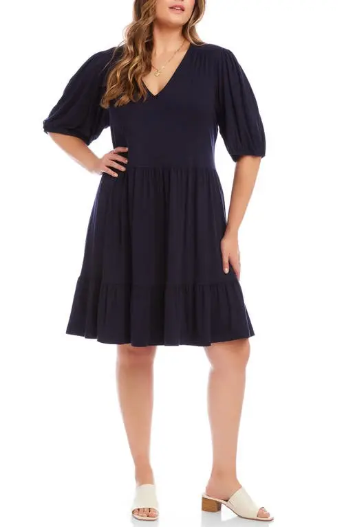 Karen Kane Puff Sleeve Tiered Dress - Navy