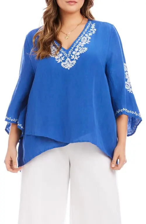 Karen Kane Embroidered Asymmetric Hem Linen Blend Top - Blue