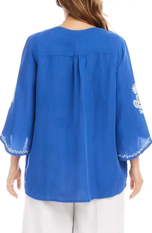Karen Kane Embroidered Asymmetric Hem Linen Blend Top - Blue