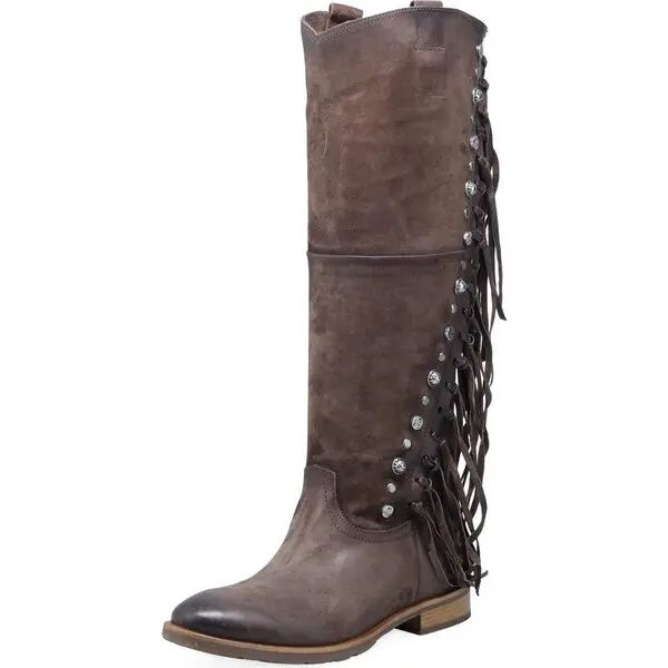 A.S.98 Ilke Studded Fringe Knee High Boots - Brown