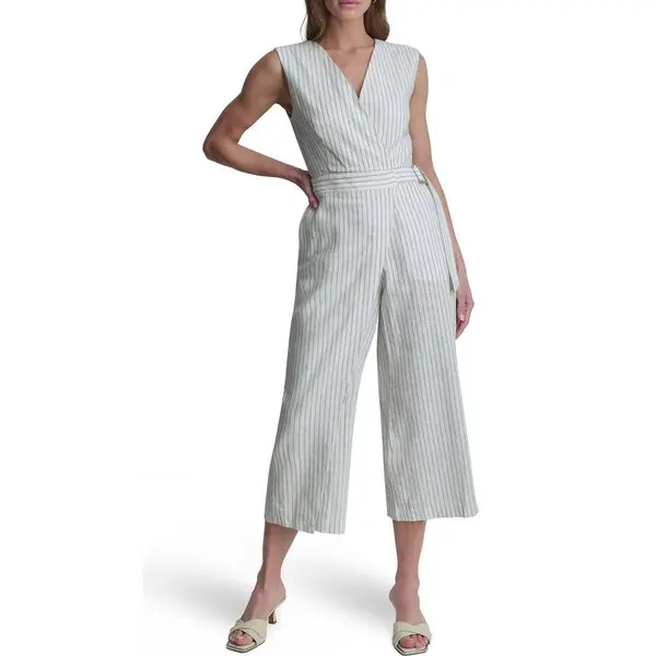 Dkny Stripe Linen Blend Crop Jumpsuit - Ivory/admiral