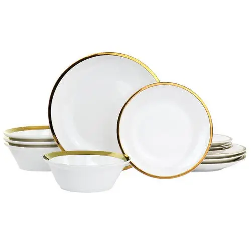 GIBSON HOME Premier Gold Fine Ceramic 12 Piece Dinnerware Set - White