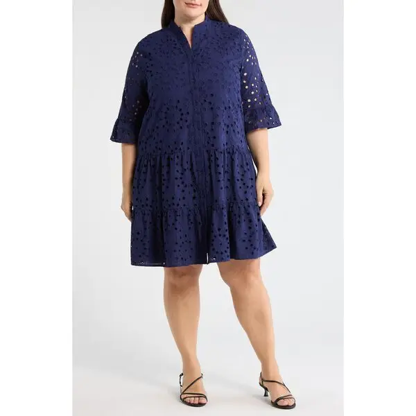 Anne Klein Eyelet Embroidered Tiered Cotton Dress - Distant Mountain