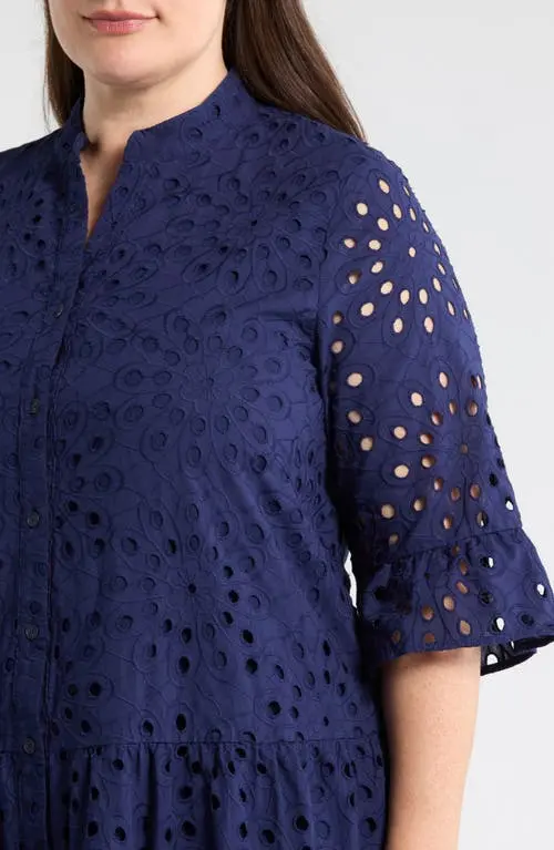 Anne Klein Eyelet Embroidered Tiered Cotton Dress - Distant Mountain