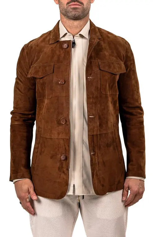 MACEOO Slim Fit Lambskin Suede Jacket - Brown