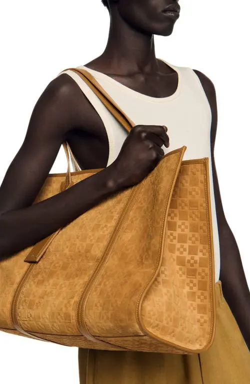 Sandro Split Leather Shopper With Pouch - Camel