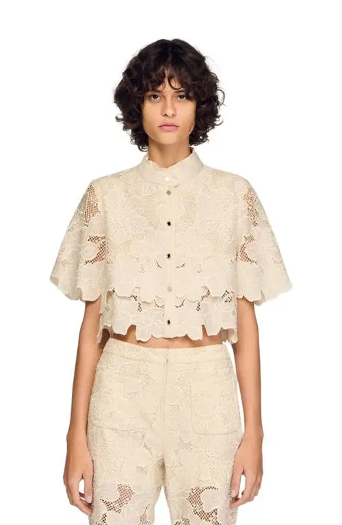 Sandro Cropped Floral Guipure Shirt - Ecru