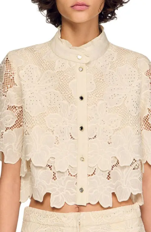 Sandro Cropped Floral Guipure Shirt - Ecru