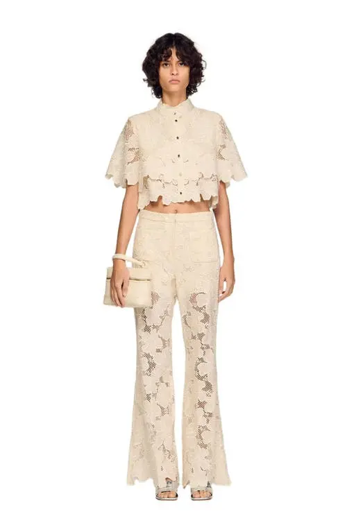 Sandro Cropped Floral Guipure Shirt - Ecru