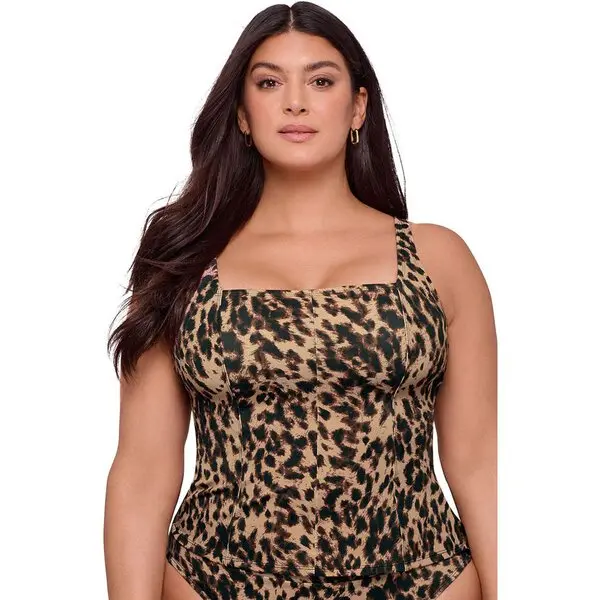 S3 APPAREL Square Neck Lace Back Tankini Top - Dolce Leopard