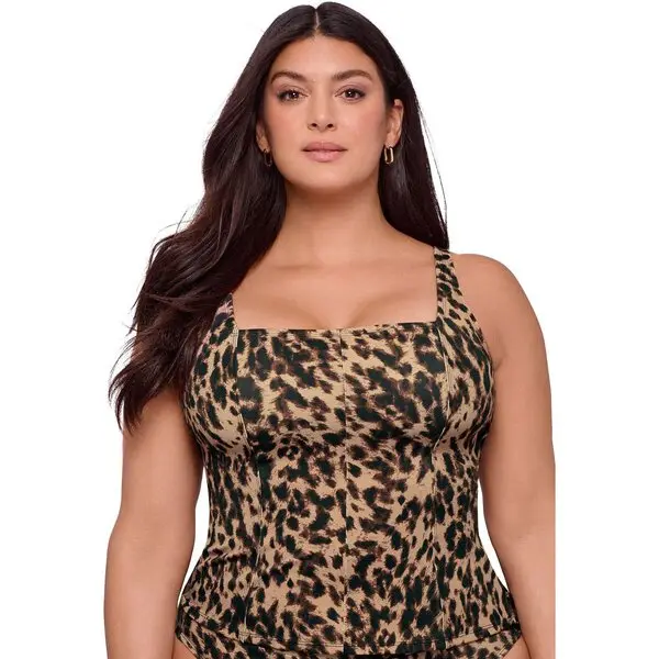 S3 APPAREL Square Neck Lace Up Back Tankini Top - Dolce Leopard