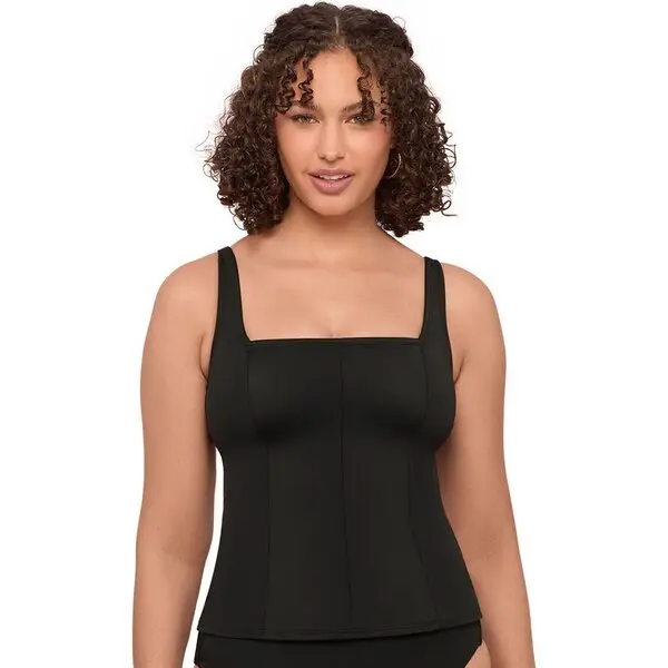 S3 APPAREL Square Neck Lace Back Tankini Top - Onyx Black