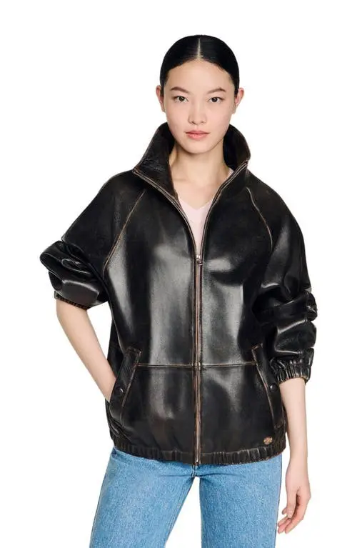 Sandro Oversized Distressed Leather Jacket