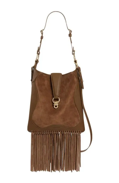 Sandro Le Claudia Fringed Leather And Suede Bag - Camel