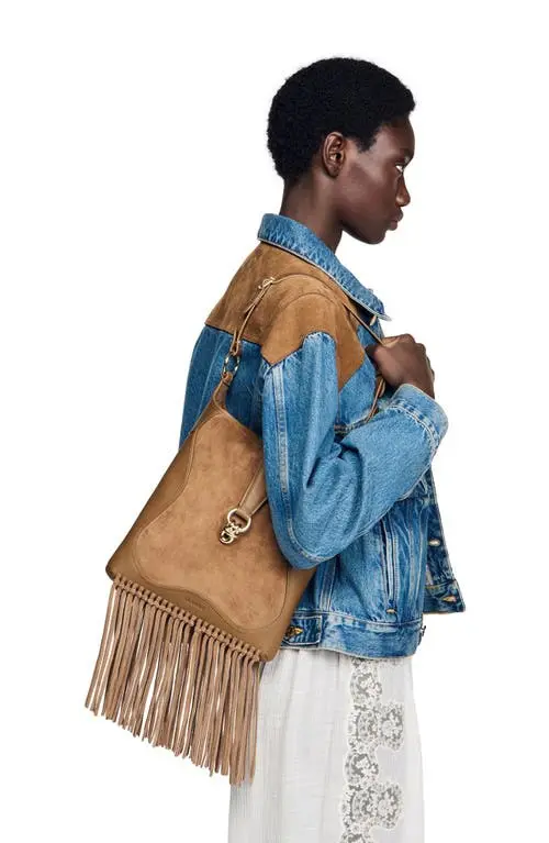 Sandro Le Claudia Fringed Leather And Suede Bag - Camel
