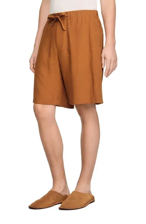 Sandro Elastic Waist Linen Shorts - Whisky