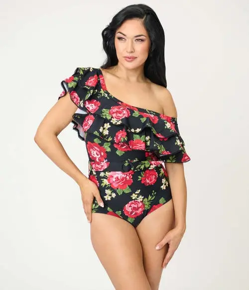 Unique Vintage Off-shoulder One-piece Swimsuit - Black Cabbage Rose Print