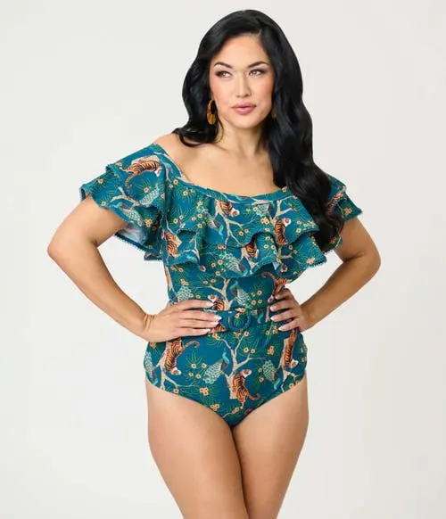 Unique Vintage Off-shoulder One-piece Swimsuit - Teal Tiger Print
