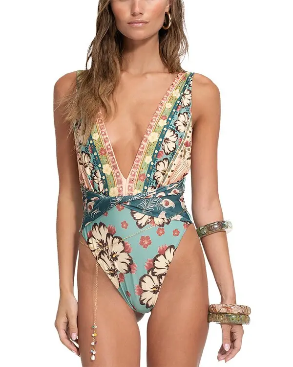 Agua Bendita Ellis Plume Plunging Neck Swimsuit - Multi