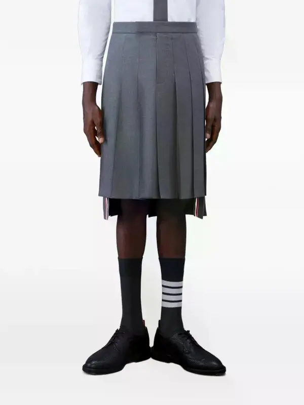 Thom Browne Twill Pleated Midi Skirt With Striped Trim - Grey