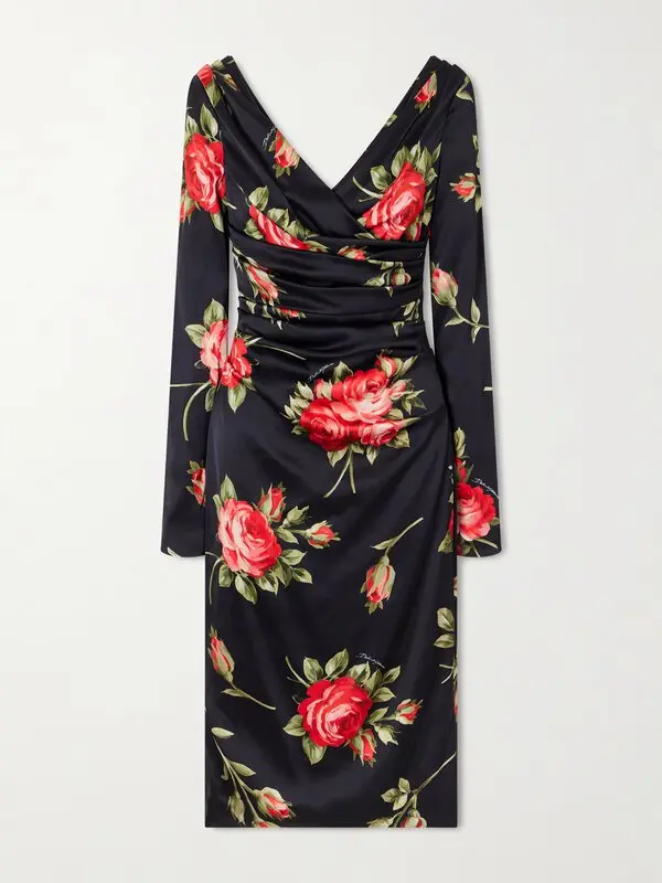 Dolce & Gabbana Floral-printed Satin Midi Dress - Black