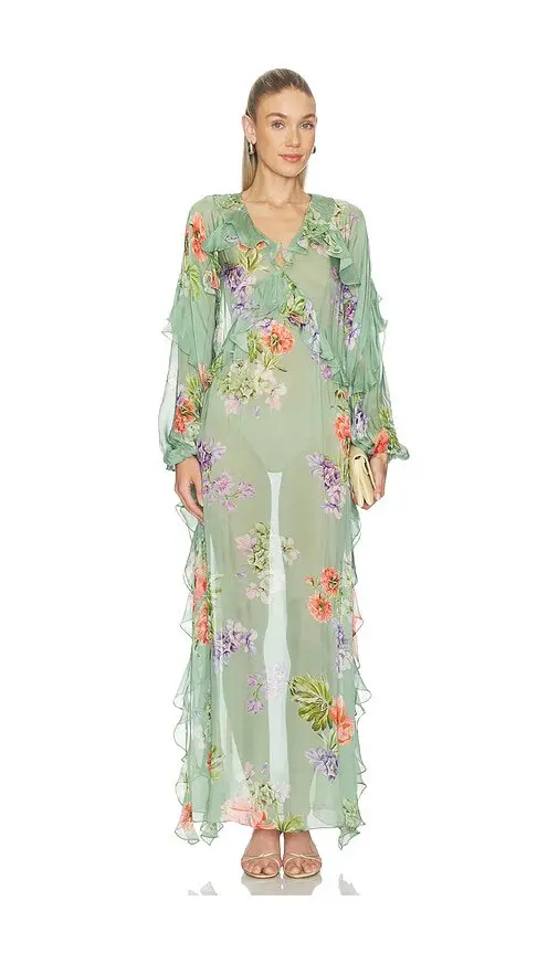 Hemant & Nandita Long Ruffle Kaftan - Green
