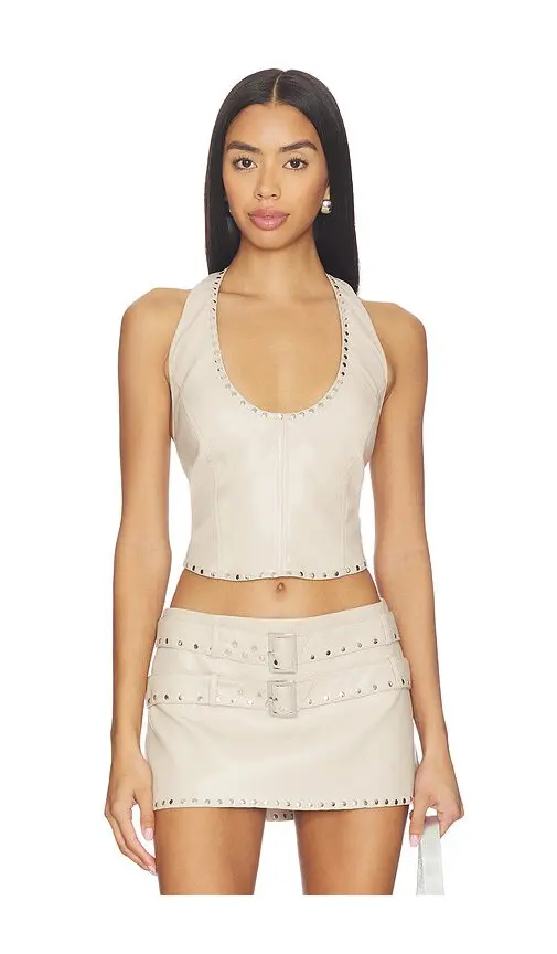 LAMARQUE X Studded Faux Leather Halter Top - Ecru